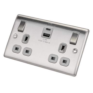 BG 13A 2 Gang Socket with 1 x Type A and Type C USB Grey Insert Brushed ...