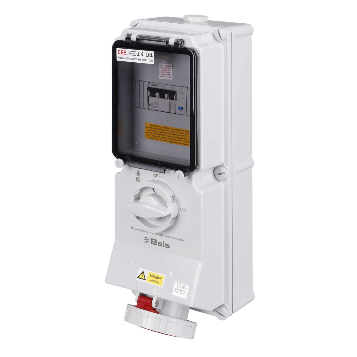 Ceenorm 63A 3P+E 415V Interlocked Wall Socket with 63A 30mA Type A RCD ...