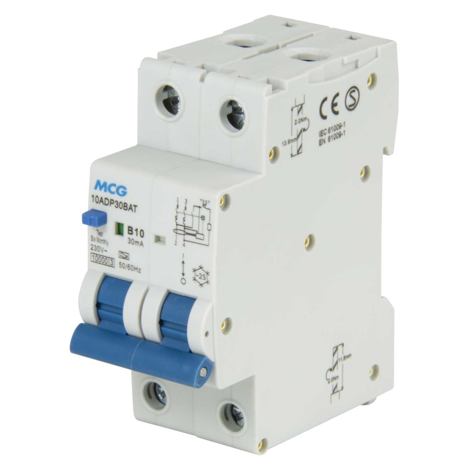 MCG 10A Double Pole Bidirectional Type A 10kA 30mA 2 Module B Curve RCBO (10ADP30BAT) | CEF