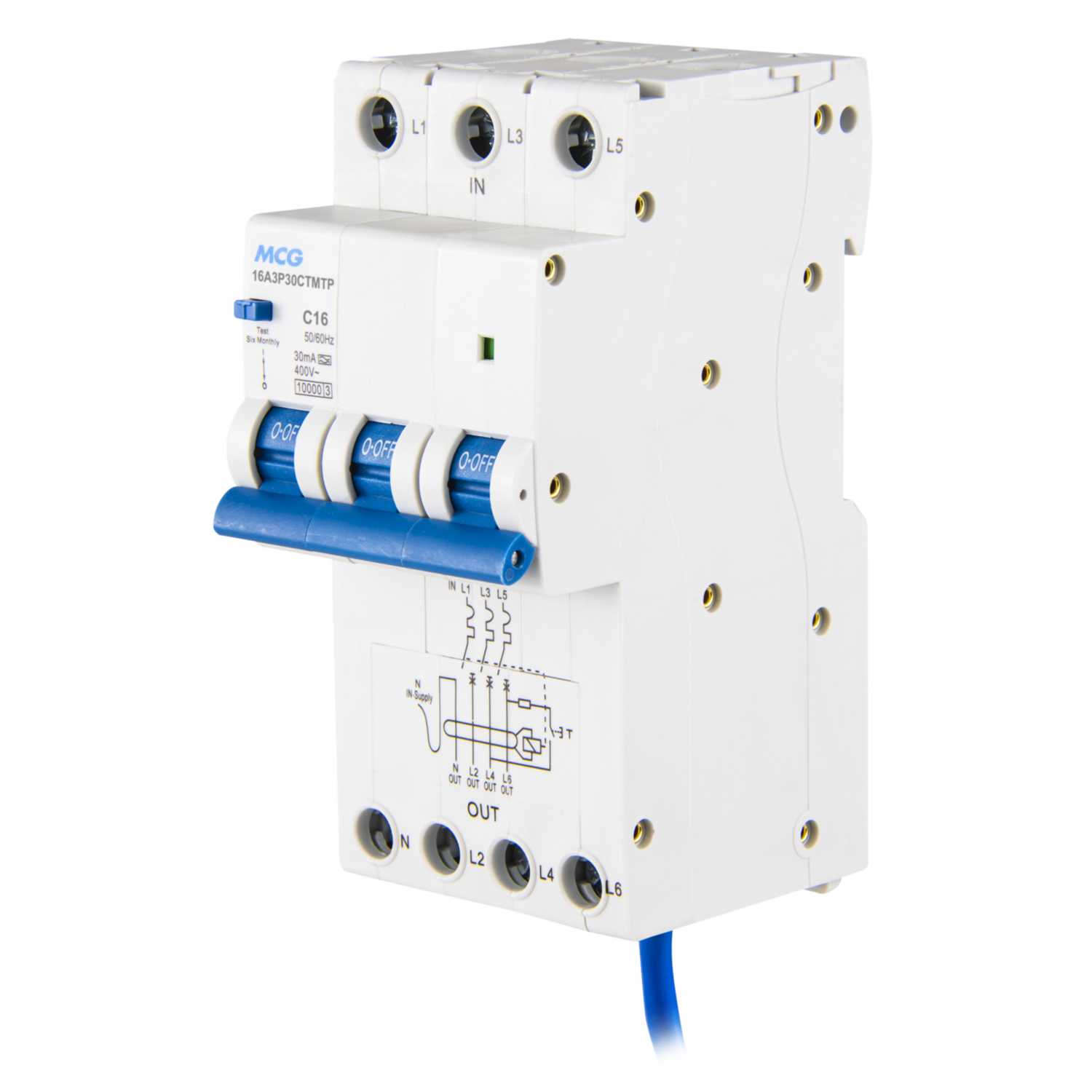 MCG 16A 3 Pole 3 Module C Curve 10kA 30mA Type A RCBO (16A3P30CTPTP) | CEF