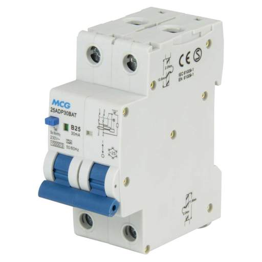 MCG 25A Double Pole 2 Module Bidirectional B Curve 10kA 30mA Type A RCBO (25ADP30BAT) | CEF