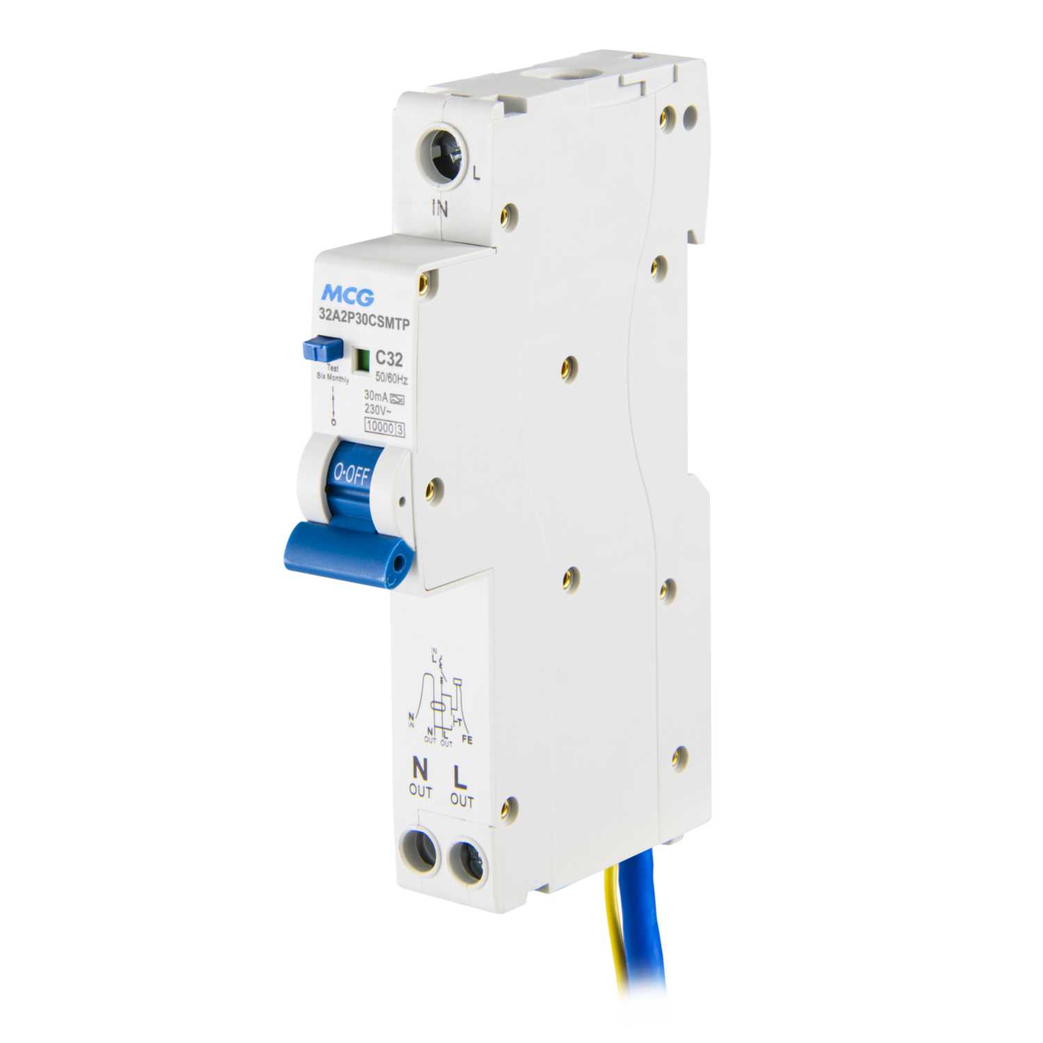 MCG 32A Single Pole and Neutral 1 Module C Curve 10kA 30mA Type A RCBO (32A2P30CSMTP) | CEF