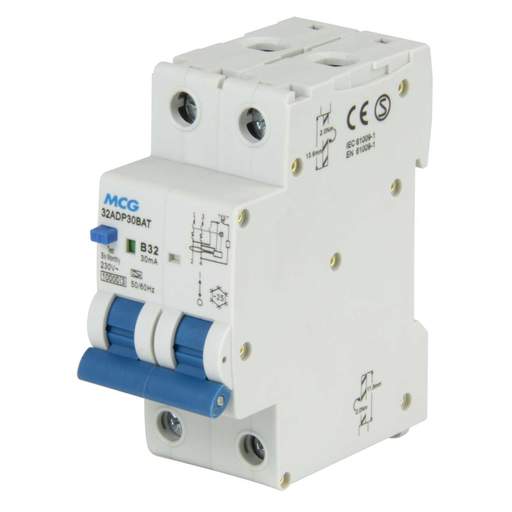 MCG 32A Double Pole 2 Module Bidirectional B Curve 10kA 30mA Type A RCBO (32ADP30BAT) | CEF