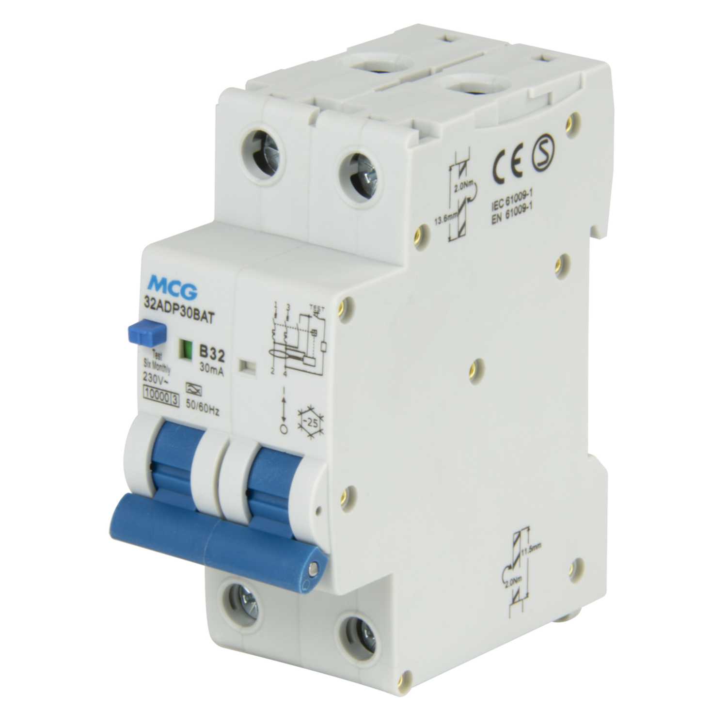 MCG 32A Double Pole Bidirectional Type A 10kA 30mA 2 Module B Curve RCBO (32ADP30BAT) | CEF