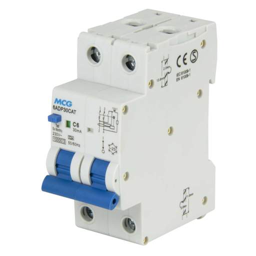 MCG 6A Double Pole 2 Module Bidirectional C Curve 10kA 30mA Type A RCBO ...