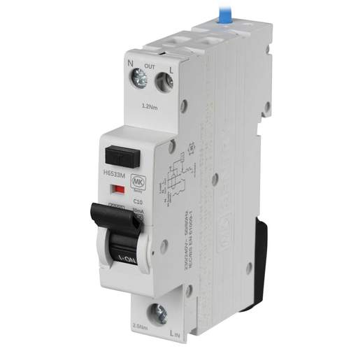 MK Sentry 10A Double Pole 1 Module Bidirectional C Curve 6kA 30mA Type A Compact RCBO (H6533M) | CEF