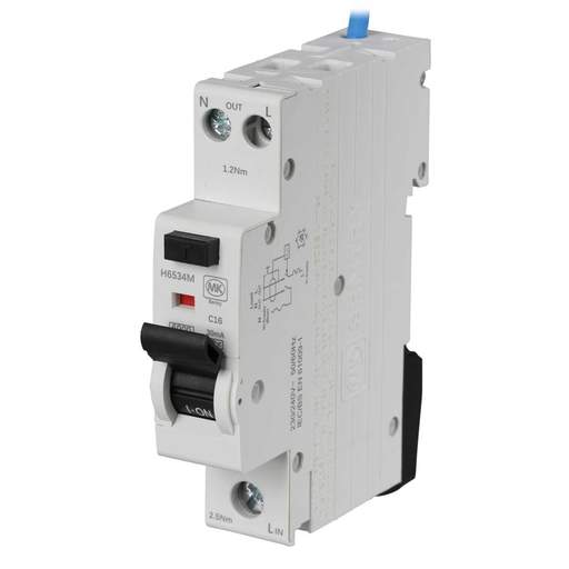 MK Sentry 16A Double Pole 1 Module Bidirectional C Curve 6kA 30mA Type A Compact RCBO (H6534M) | CEF