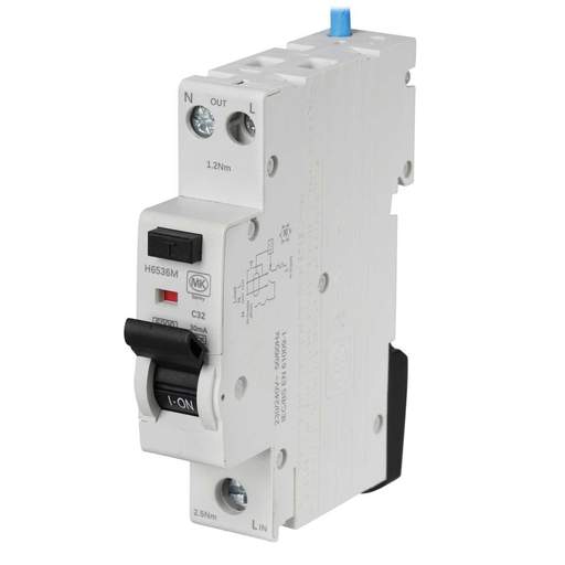 MK Sentry 32A Double Pole 1 Module Bidirectional C Curve 6kA 30mA Type A Compact RCBO (H6536M) | CEF