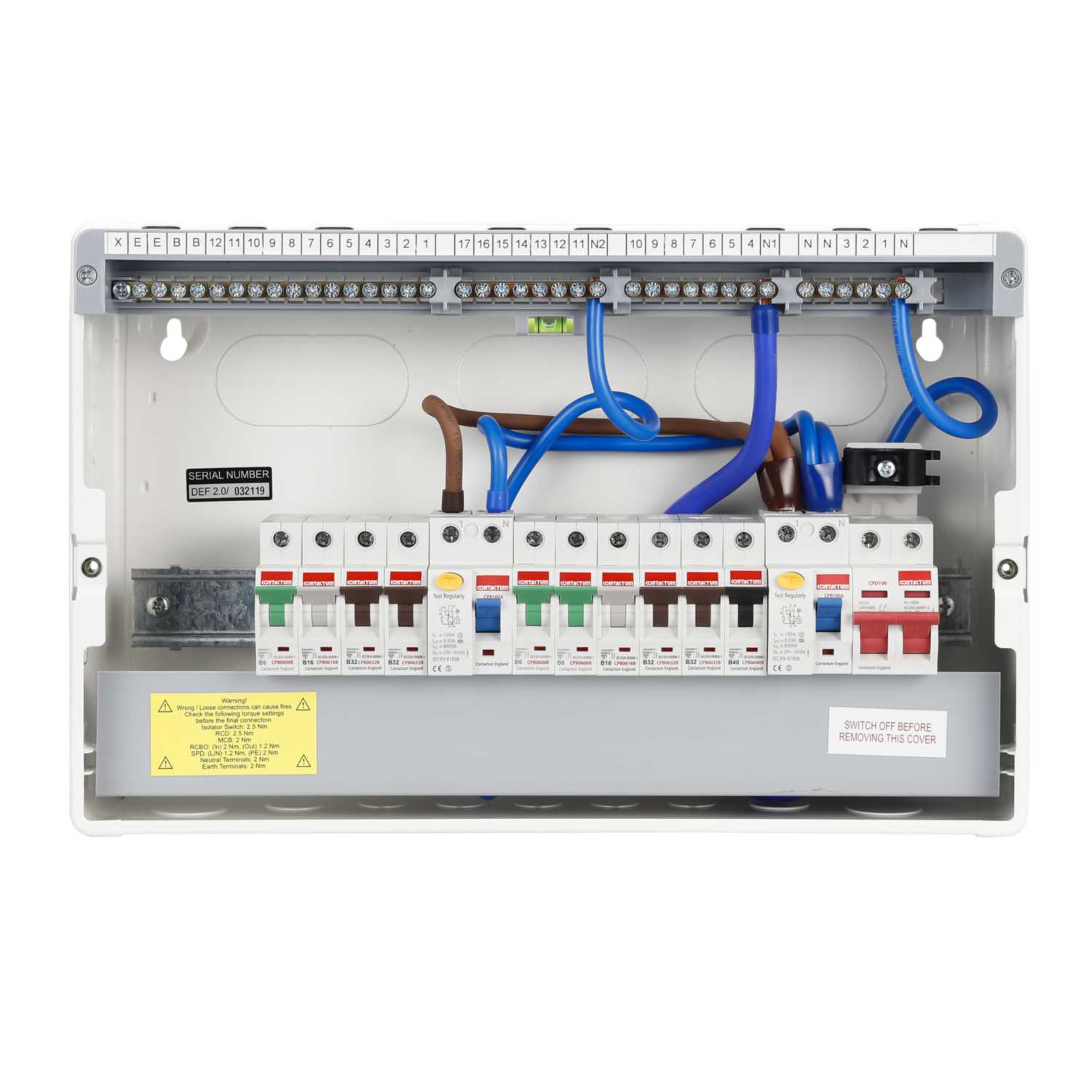 Contactum 12 Way Dual 100A Type A RCD High Integ Metal Clad Consumer Unit with 10 x MCBs ...