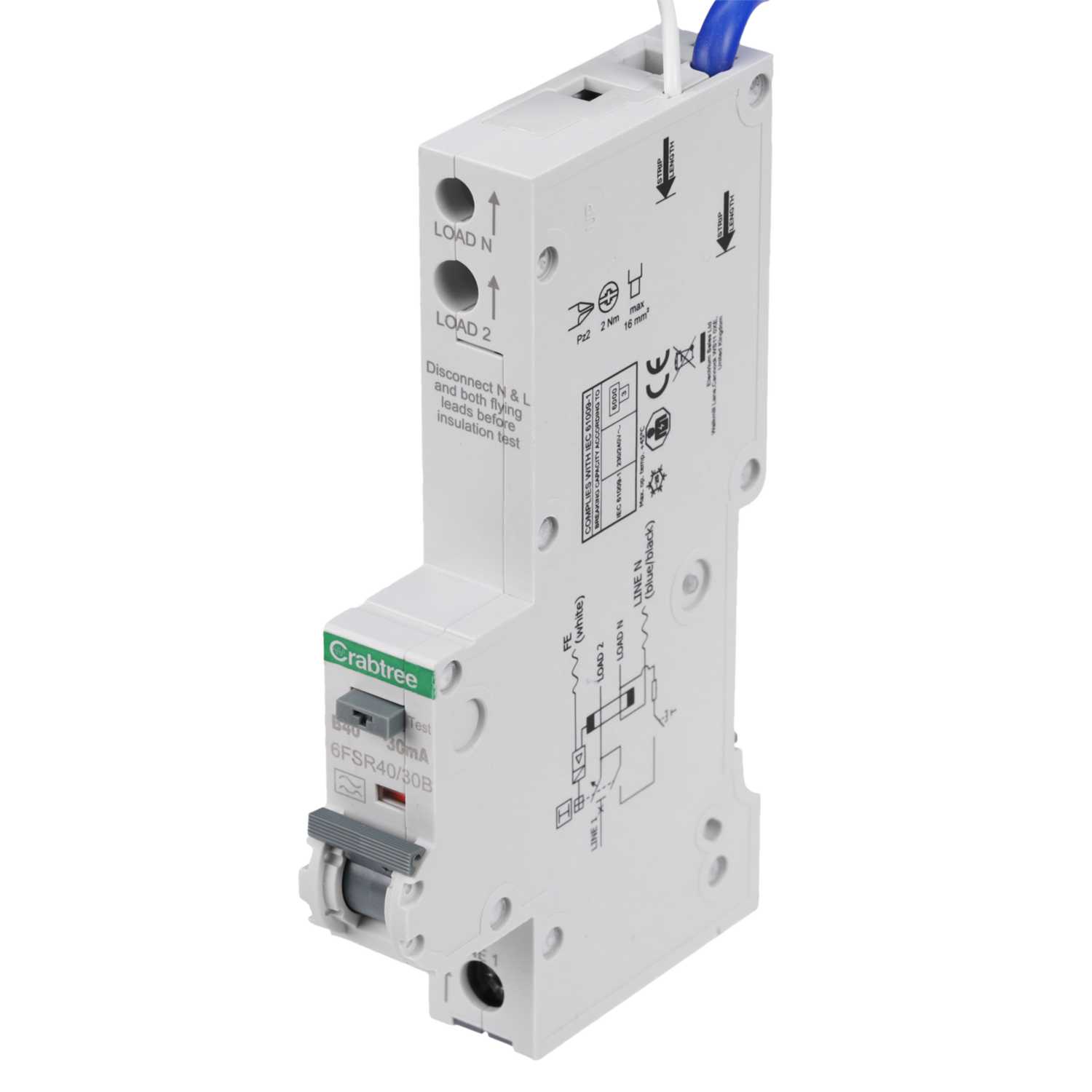 Crabtree Loadstar 40A Single Pole 1 Module B Curve 6kA 30mA Type A RCBO (6FSR40/30B) | CEF