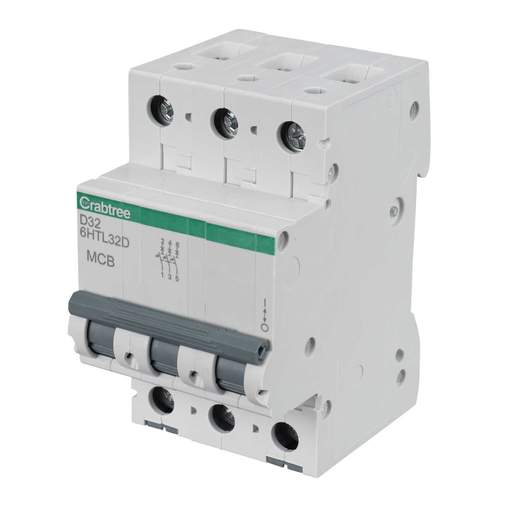 Crabtree Loadstar 32A Triple Pole 10kA D Curve MCB (6HTL32D) | CEF