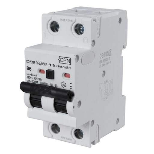 Cudis RO2SNF 6A Double Pole 2 Module Bidirectional B Curve 10kA 30mA Type A RCBO (RO2SNF-06B ...