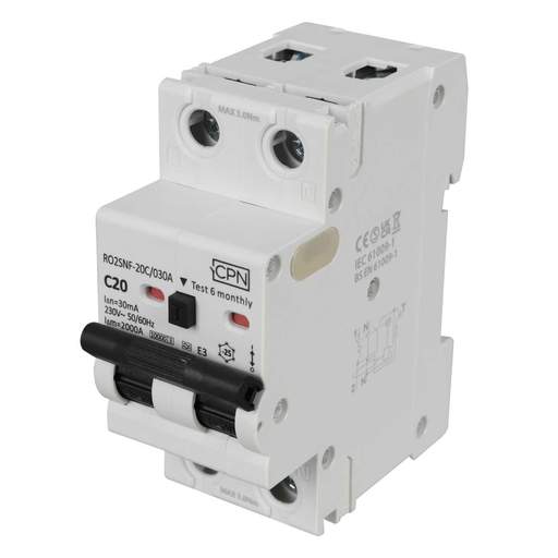 Cudis RO2SNF 20A Double Pole 2 Module Bidirectional C Curve 10kA 30mA Type A RCBO (RO2SNF-20C ...