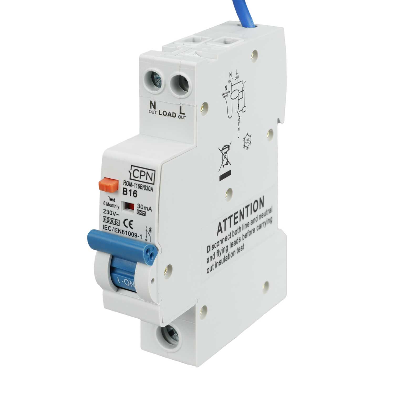 Cudis CPN 16A Single Pole 1 Module B Curve 6kA 30mA Type A RCBO (ROM-116B/030A) | CEF