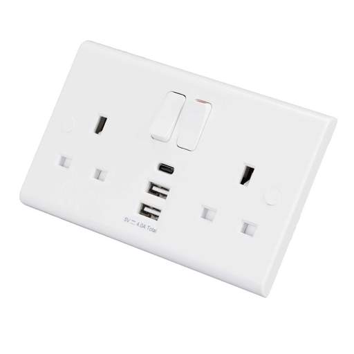 Deta 13A 2 Gang Switched Socket with 2 x Type A and 1 x Type C USB ...