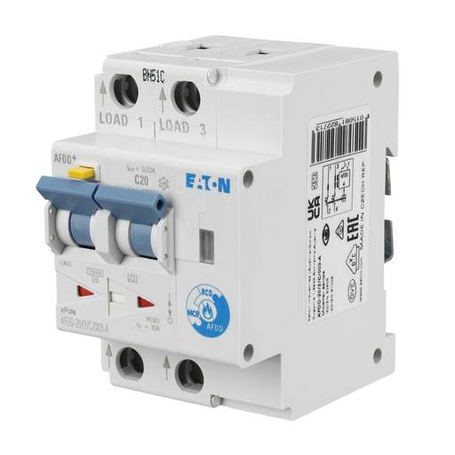 Eaton 20A Double Pole 3 Module C Curve 10kA 30mA Type A AFDD (AFDD-20/2/C/003-A) | CEF