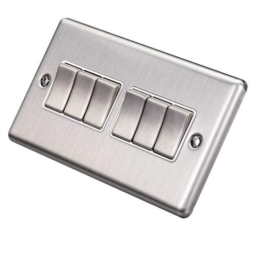 Eurolite 10A 6 Gang 2 Way Light Switch White Insert Satin Stainless ...