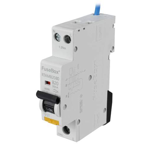 Fusebox 20A 1P+N 1 Module Bidirectional B Curve 6kA 30mA Type A Mini RCBO (RTAMB20BD) | CEF