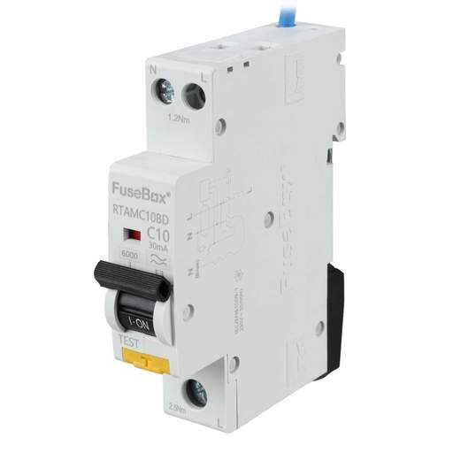 Fusebox 10A 1P+N 1 Module Bidirectional C Curve 6kA 30mA Type A Mini RCBO (RTAMC10BD) | CEF