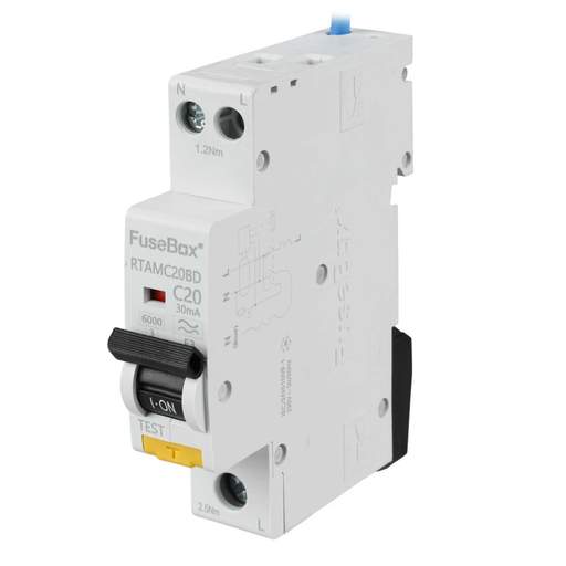 Fusebox 20A 1P+N 1 Module Bidirectional C Curve 6kA 30mA Type A Mini RCBO (RTAMC20BD) | CEF