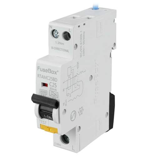 Fusebox 25A 1P+N 1 Module Bidirectional C Curve 6kA 30mA Type A Mini RCBO (RTAMC25BD) | CEF