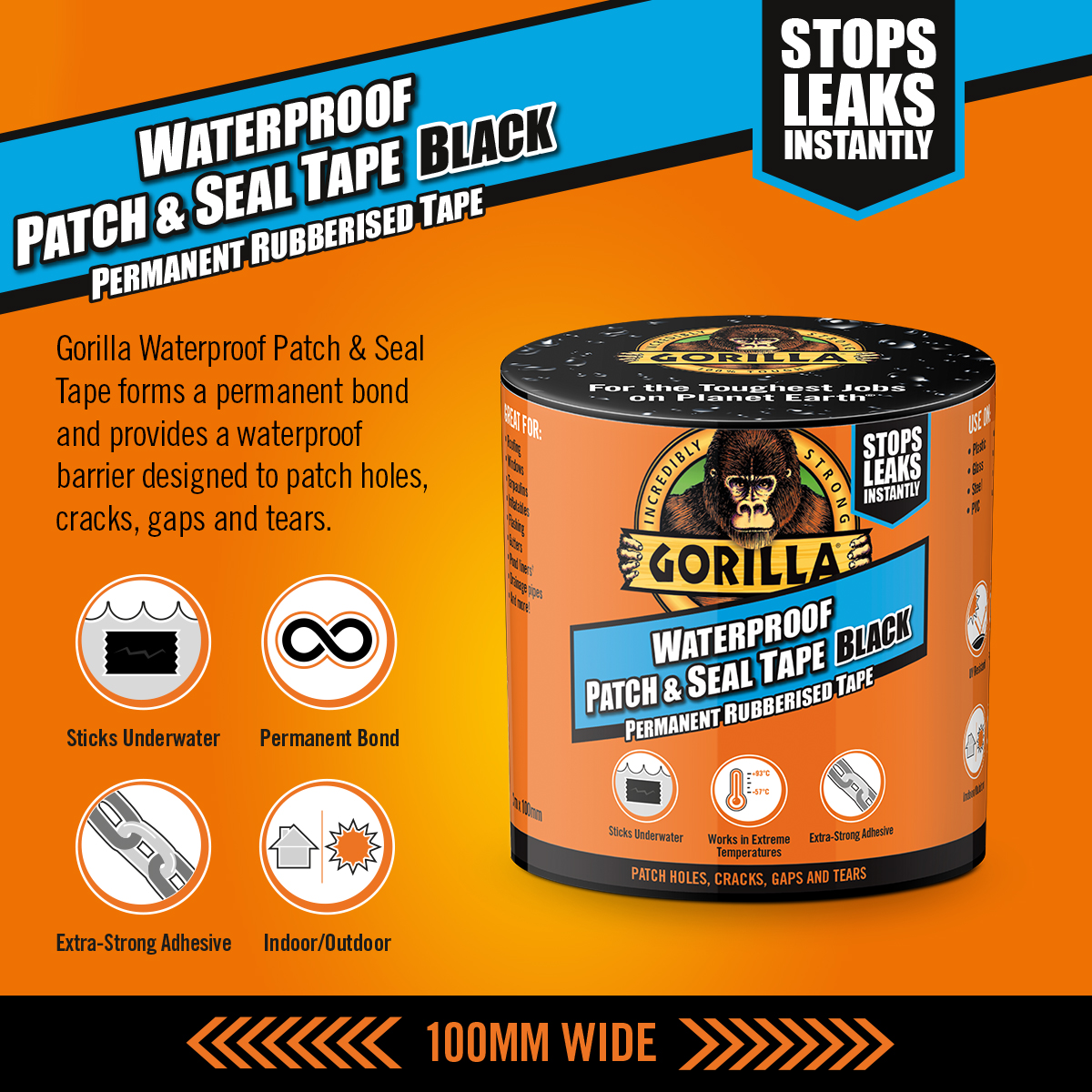 Gorilla Waterproof Patch and Seal Tape Black (3m Roll) (3044721) | CEF