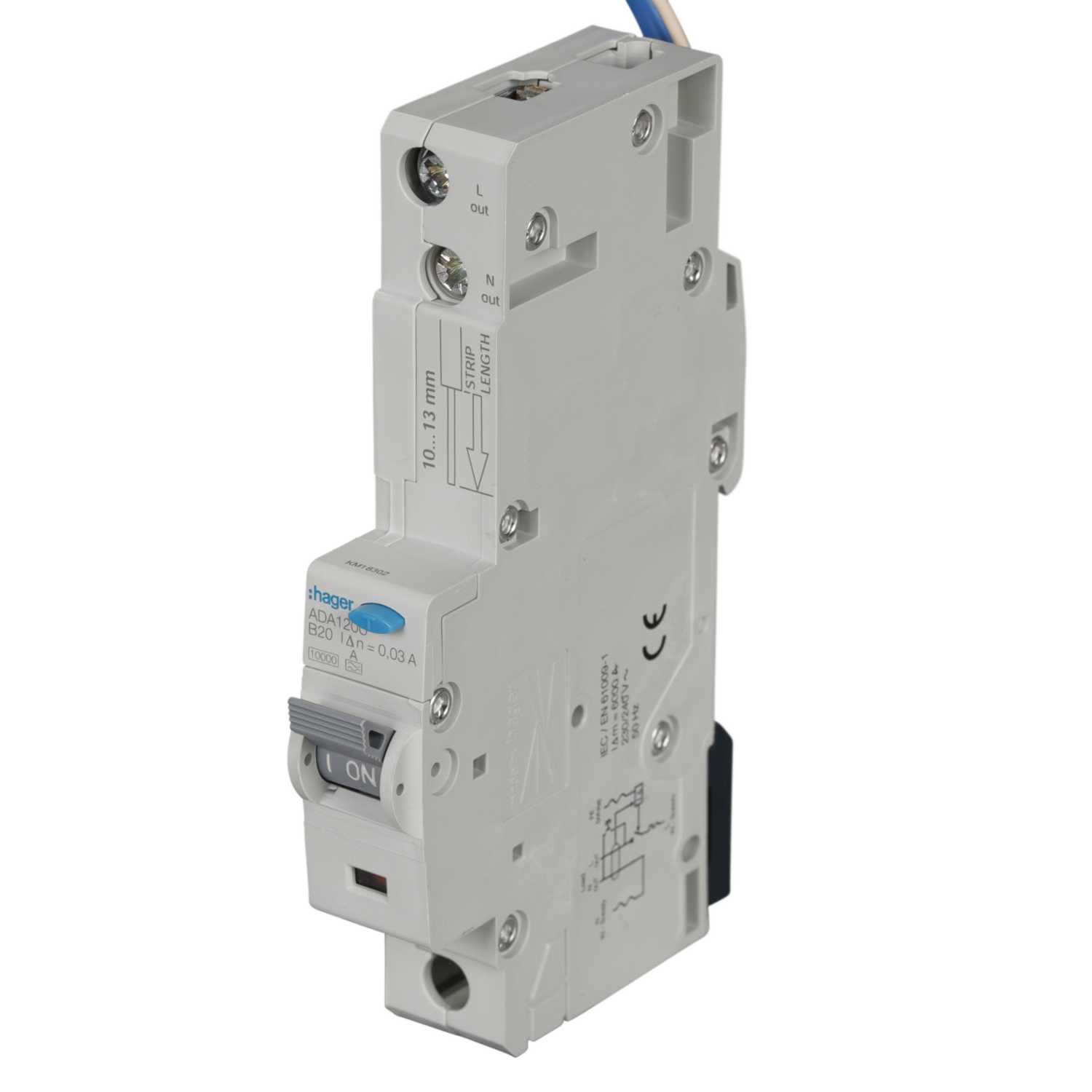 Hager 20A Single Pole 1 Module B Curve 10kA 30mA Type A RCBO (ADB420U) | CEF