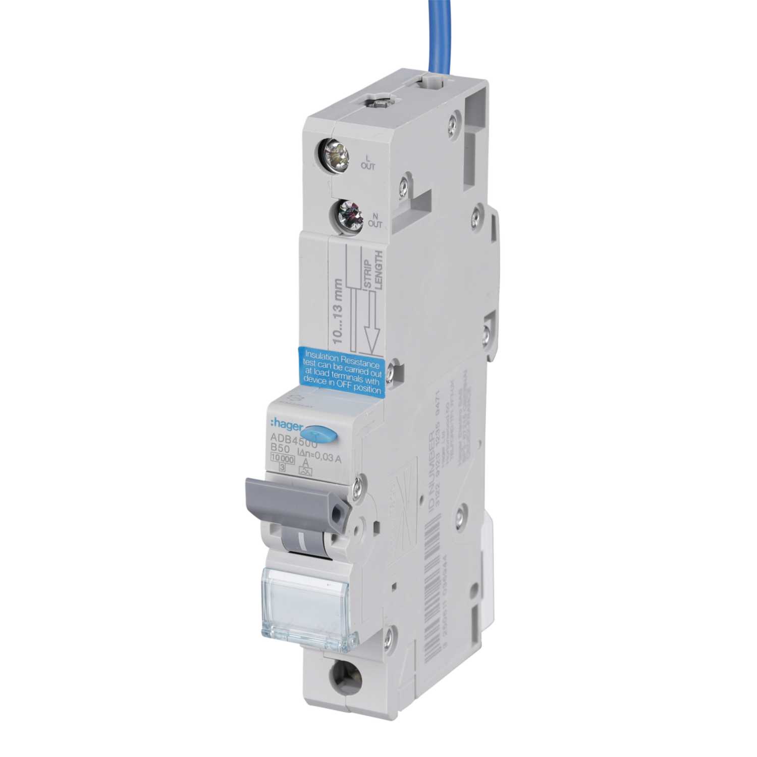 Hager 50A Single Pole 1 Module B Curve 10kA 30mA Type A RCBO (ADB450U) | CEF