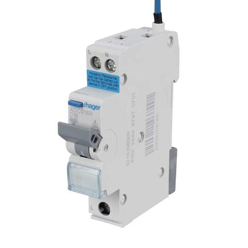 Hager 16A 1P+N 1 Module Bidirectional C Curve 6kA 30mA Type A RCBO (ADC916R) | CEF