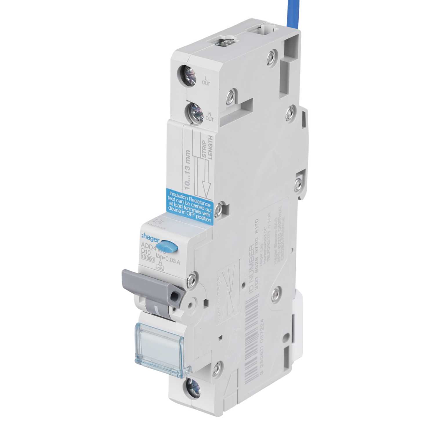 Hager 10A Single Pole 1 Module D Curve 10kA 30mA Type A RCBO (ADD410U) | CEF