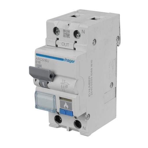 Hager 16A 1P+N 2 Module B Curve 10kA 30mA Type A AFDD Combined MCB (ARC516U) | CEF
