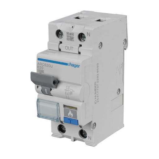 Hager 20A 1P+N 2 Module B Curve 10kA 30mA Type A AFDD Combined MCB (ARC520U) | CEF