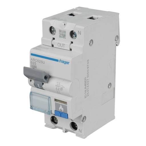 Hager 25A 1P+N 2 Module B Curve 10kA 30mA Type A AFDD Combined MCB (ARC525U) | CEF