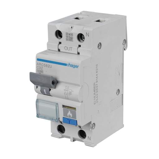 Hager 32A 1P+N 2 Module C Curve 10kA 30mA Type A AFDD Combined MCB (ARC582U) | CEF