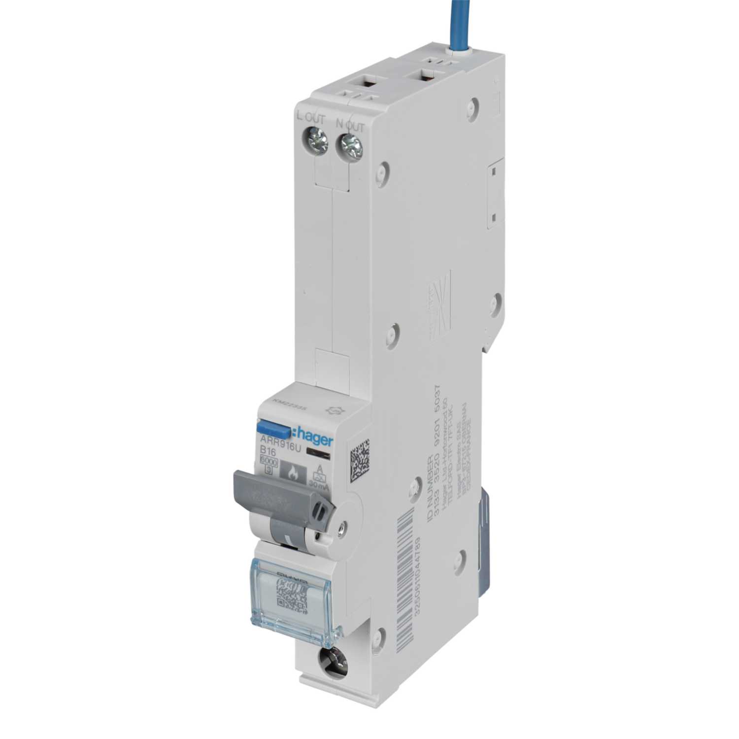 Hager 16A Single Pole and Neutral 1 Module B Curve 6kA 30mA Type A AFDD Combined RCBO (ARR916U ...