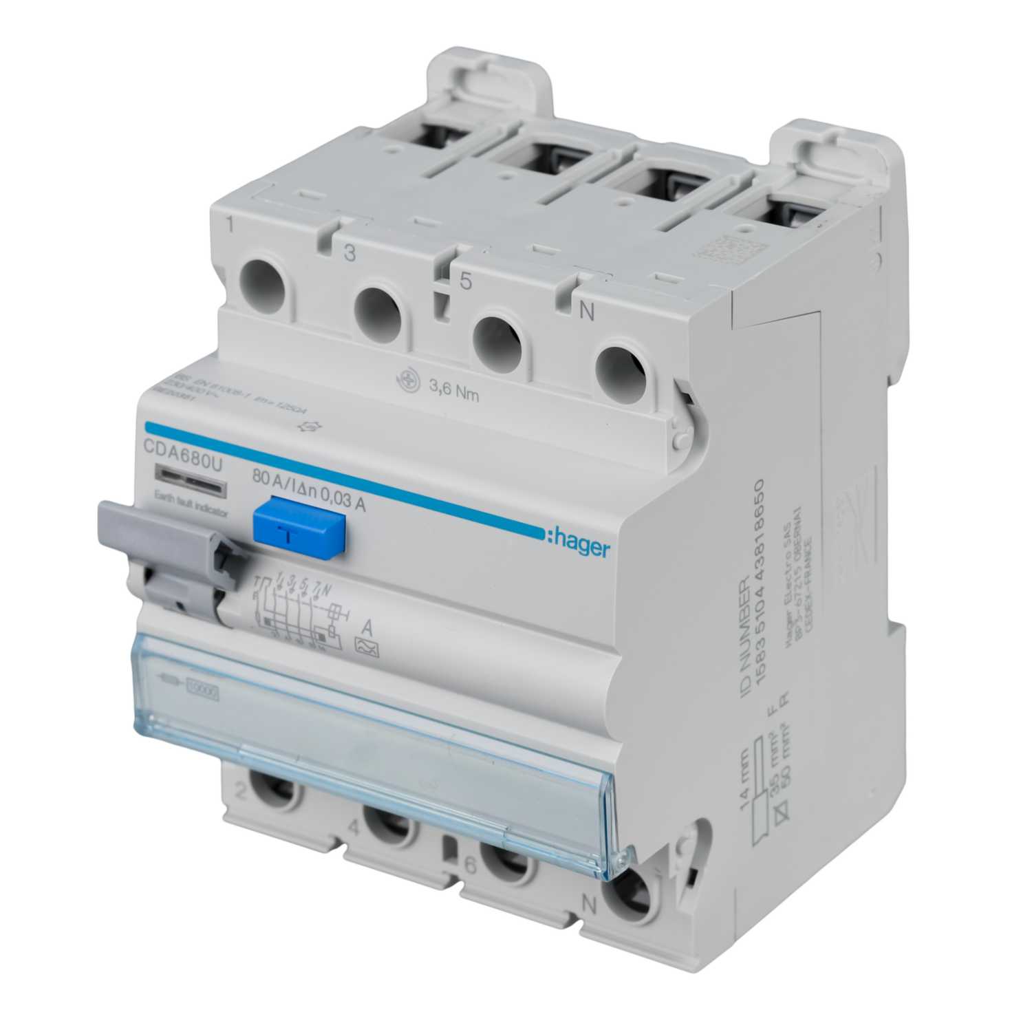 Hager 80A 4 Pole 30mA Type A RCD (CDA680U) | CEF