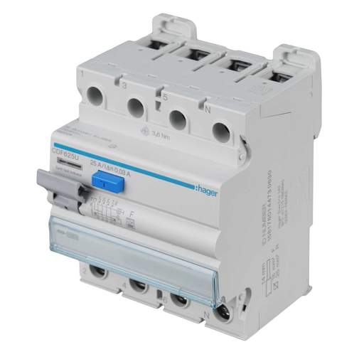 Hager 25A 4 Pole 30mA Type F RCD (CDF625U) | CEF