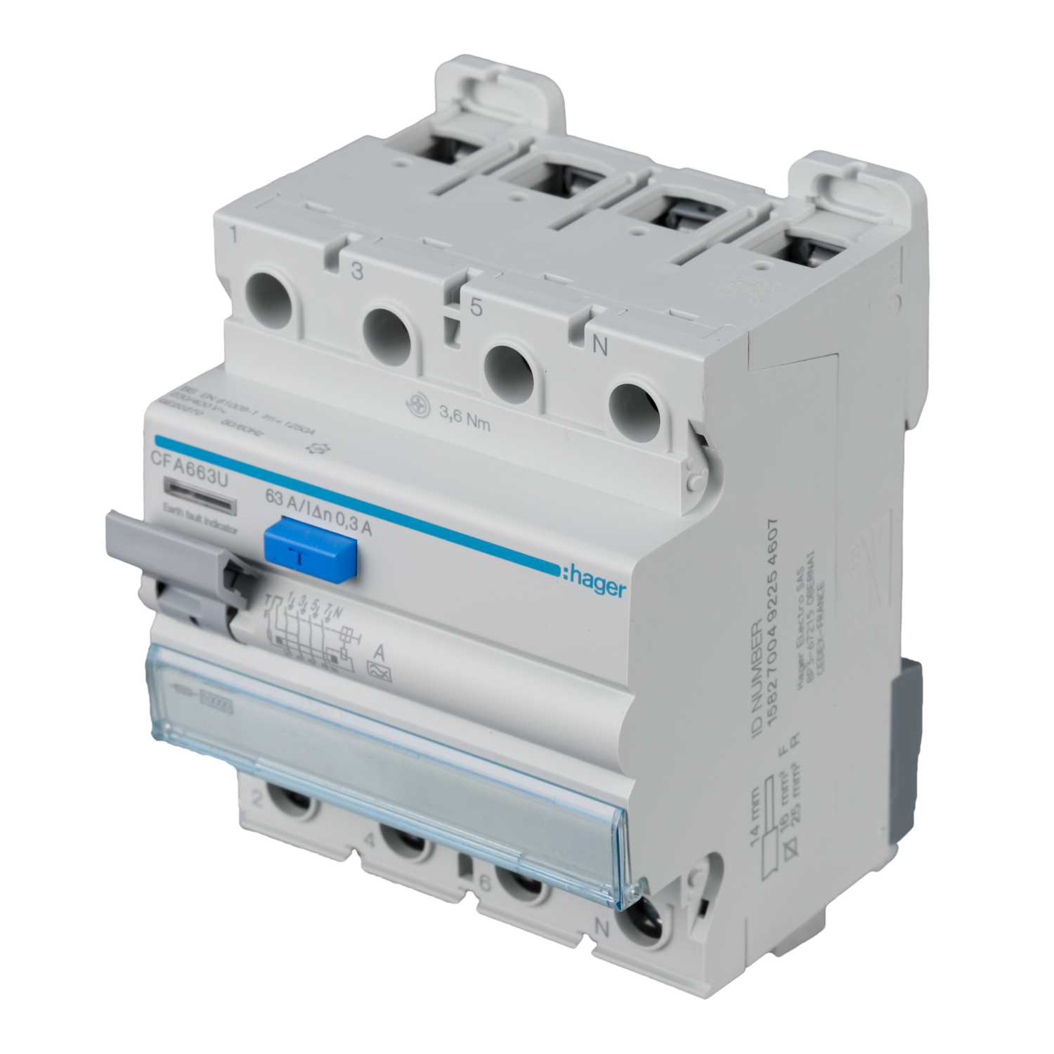 Hager 63A 4 Pole 300mA Type A RCD (CFA663U) | CEF