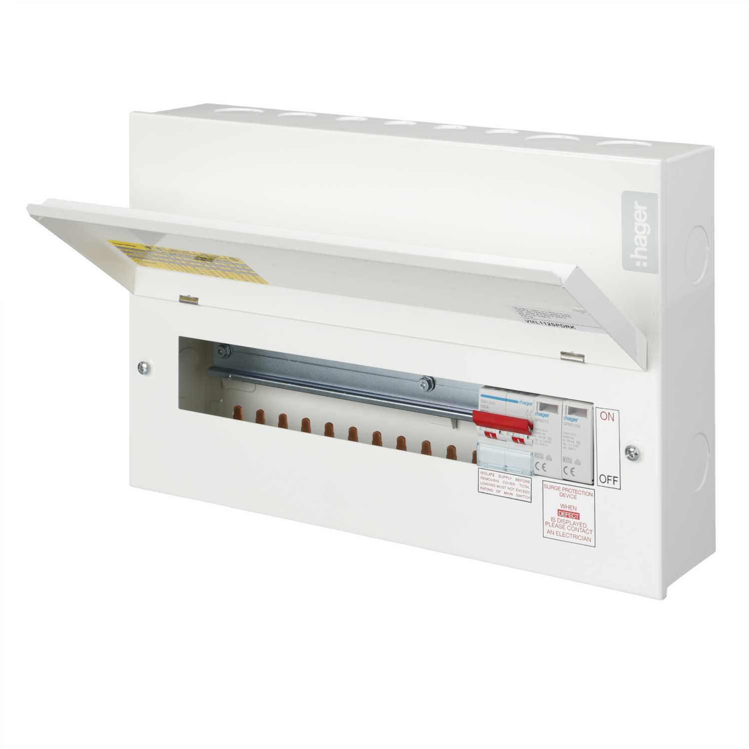 Hager 12 Way 100A Isolator Incomer Metal Clad Consumer Unit with Type 2 SPD (VML112SPDRK) | CEF