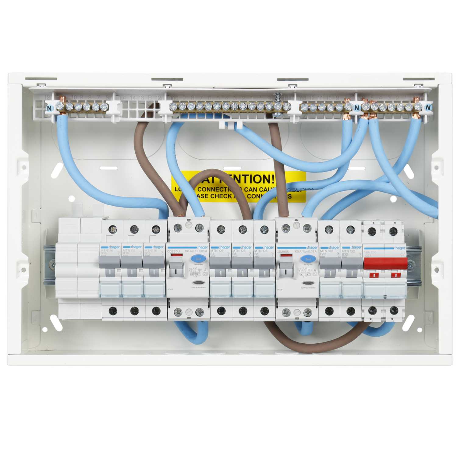 Hager 10 Way Dual 100A Type A RCD High Integrity Metal Clad Unit with 8 x MCBs (VML910CURKPP) | CEF