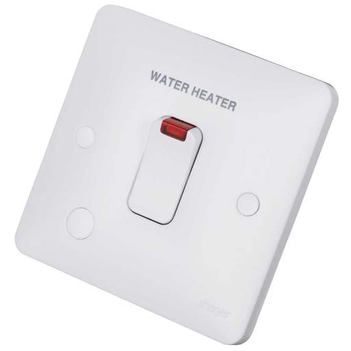 Hager Sollysta 20A DP Switch with Neon and Flex Outlet marked Water Heater White (WMDP85FON) | CEF