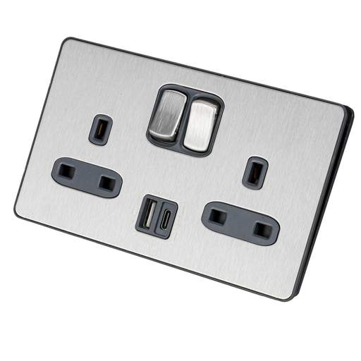 Legrand 13A 2 Gang Socket with Twin USB Outets Black Insert Brushed ...