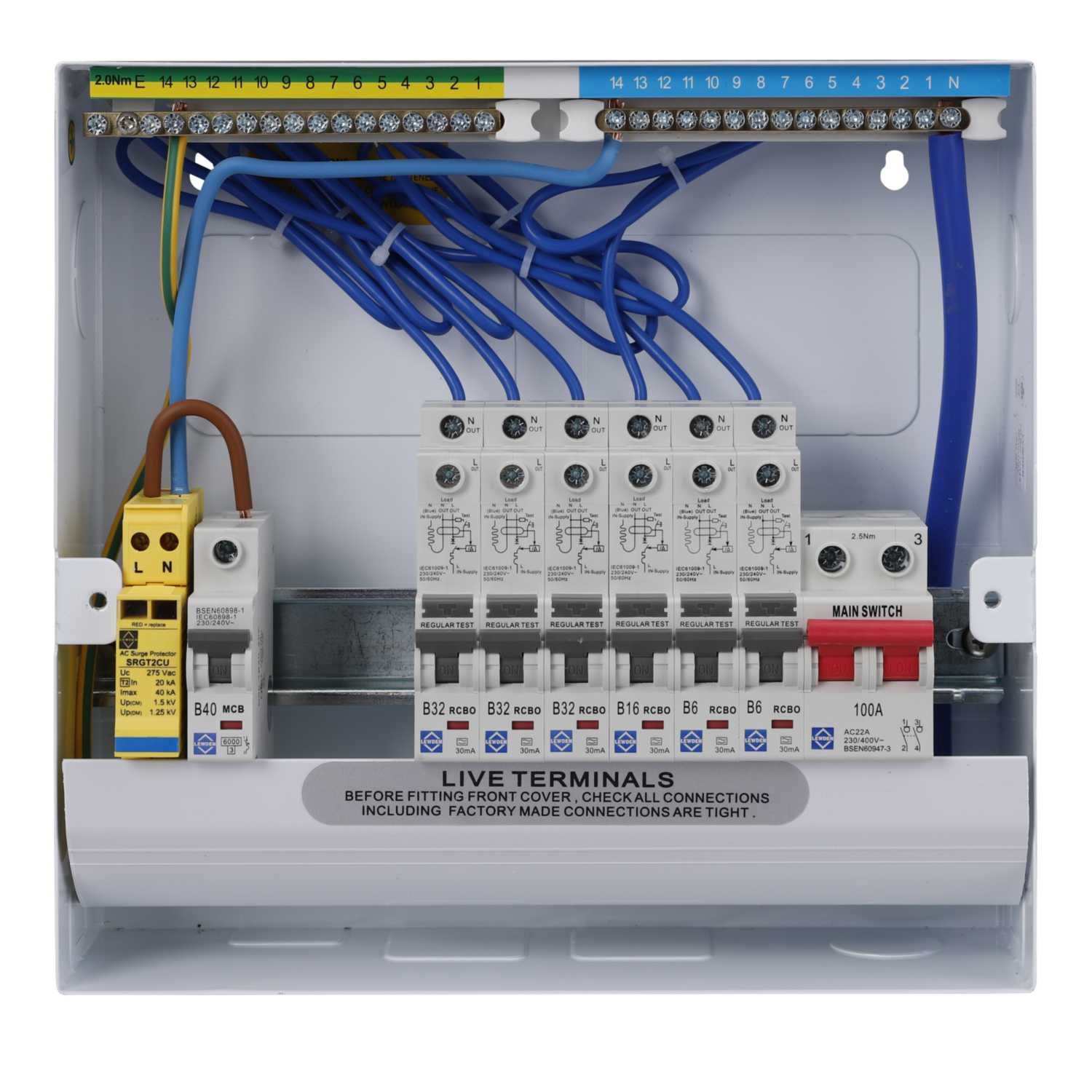 Lewden 9 Way 100A Isolator Metal Clad Consumer Unit with Type 2 SPD and ...