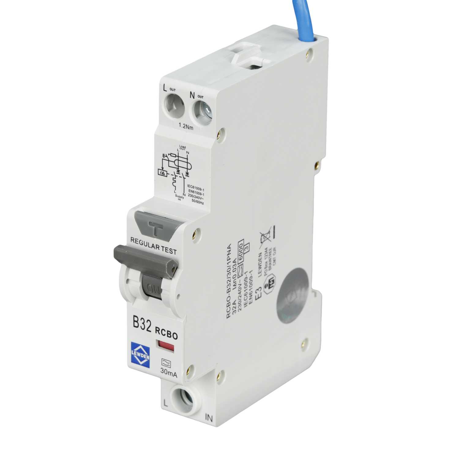 Lewden 32A Single Pole and Neutral 1 Module B Curve 6kA 30mA Type A RCBO (RCBO-B32/30/1PNA) | CEF