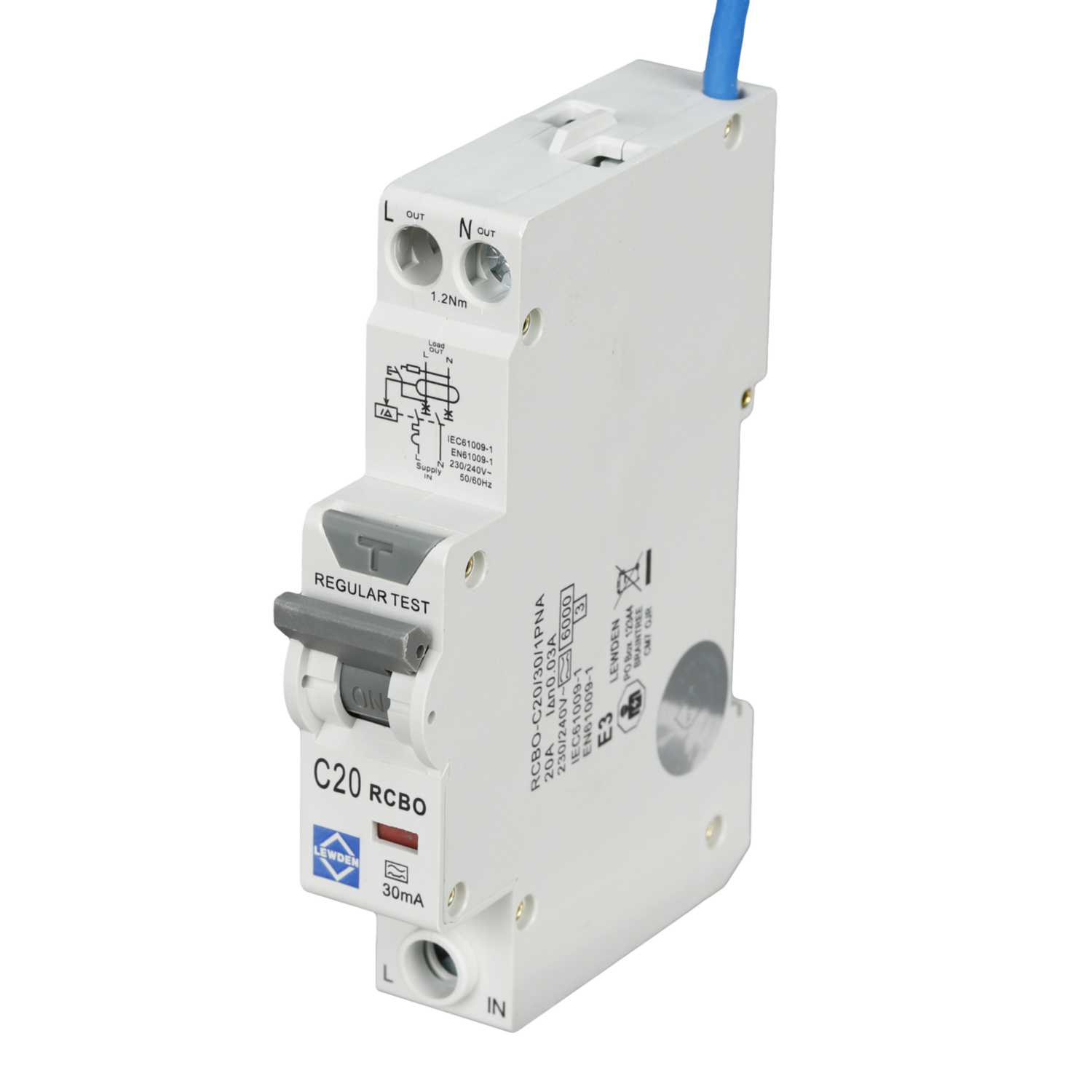 Lewden 20A Single Pole and Neutral 1 Module C Curve 6kA 30mA Type A RCBO (RCBO-C20/30/1PNA) | CEF
