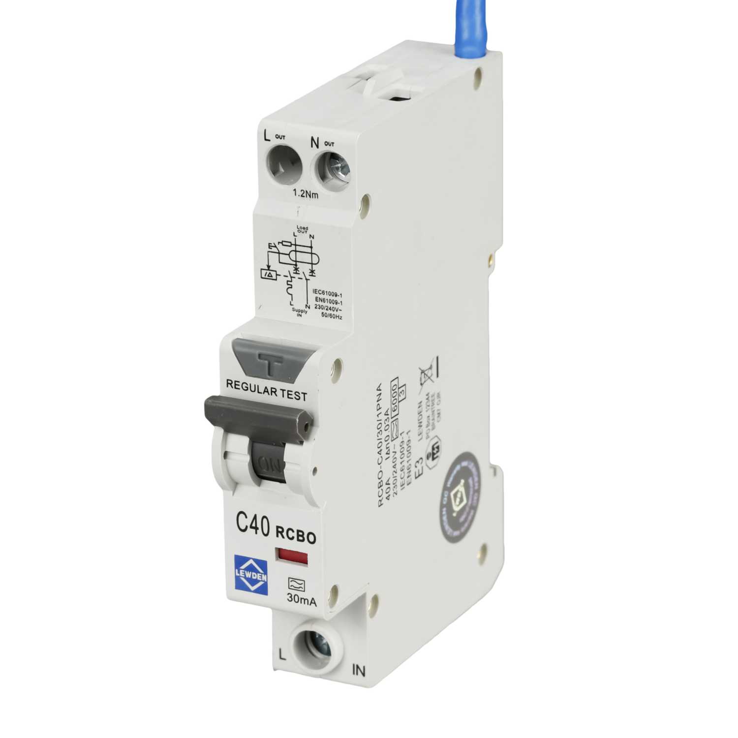 Lewden 40A Single Pole and Neutral 1 Module C Curve 6kA 30mA Type A RCBO (RCBO-C40/30/1PNA) | CEF