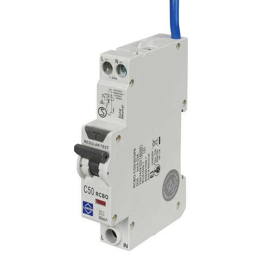 Lewden 50A Single Pole 1 Module C Curve 6kA 30mA Type A Compact RCBO (RCBO-C50/30/SPA) | CEF