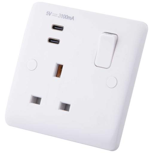 M2 Slimline 13a 1 Gang Switched Socket With 2 X Type C Usb Outlets
