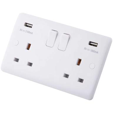 M2 Slimline 13A 2 Gang Switched Socket with Twin USB Outlets White ...