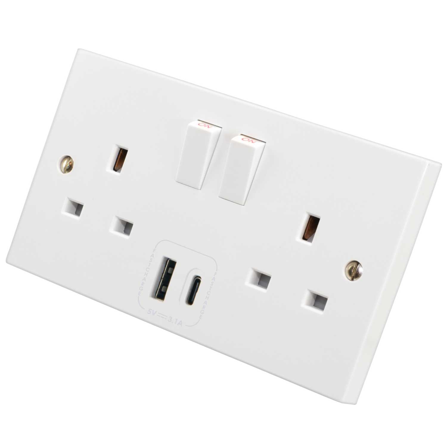 M2 Square 13A 2 Gang Switched Socket with 1 x Type A and 1 x Type C USB ...